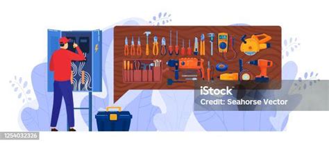 전기 상자 벡터 일러스트레이션 만화 플랫 수리공 캐릭터 작업 흰색에 고립 된 전기 보드 패널 캐비닛 수리 전기공에 대한 스톡