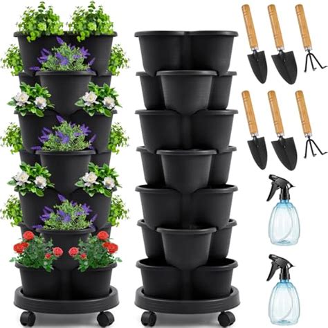Umigy 2 Set Of 7 Tier Stackable Vertical Planters With Removable Wheels