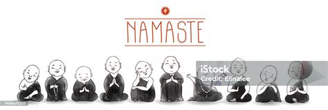 귀여운 불교 승려들은 흰색 배경에 잉크로 손으로 그렸다 전통적인 동양 수묵화 수미에 우신 고화 일본 신 지조와 함께한 삽화 상형 문자 행복 부처 불교에 대한 스톡 벡터 아트