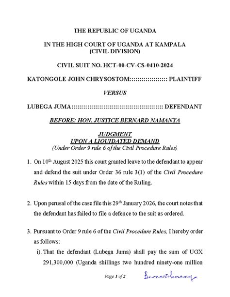 High Court Judgment Katongole V Lubega Civil Suit No 2025 Studocu