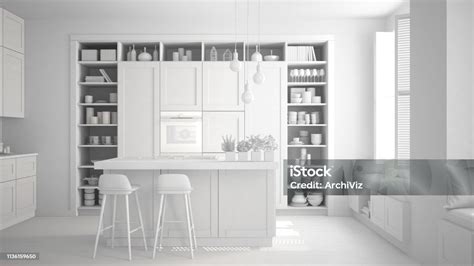 총 화이트 프로젝트 현대 럭셔리 아파트 현대 부엌의 미완성 초안 빈티지 복고 인테리어 디자인 건축 오픈 스페이스 거실 개념 아이디어 0명에 대한 스톡 사진 및 기타 이미지