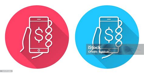 달러 기호가 있는 스마트폰 빨간색 또는 파란색 배경에 긴 그림자가 있는 둥근 아이콘 Brand Name Mobile Payment에 대한 스톡 벡터 아트 및 기타 이미지