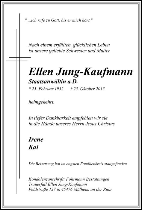 Traueranzeigen Von Ellen Jung Kaufmann Trauer In Nrwde