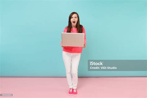 장미 니트 스웨터 노트북 Pc 컴퓨터를 사용 하 여 흰 바지에에서 여자의 전체 길이 초상화 스튜디오에서 밝은 핑크 블루 파스텔 벽 배경에 고립 패션 라이프 스타일 개념입니다