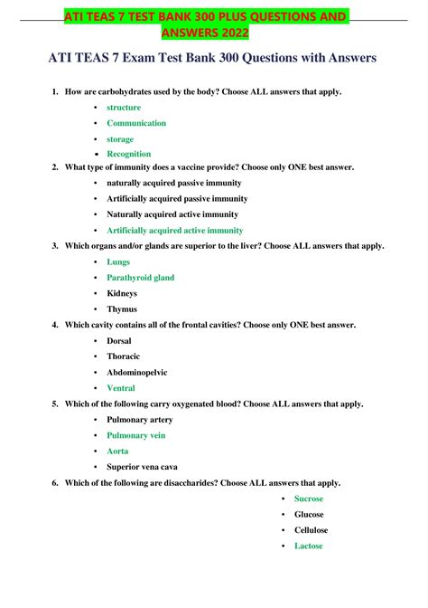 Ati Teas 7 Test Bank 300 Plus Questions And Answers 2022 All Correct