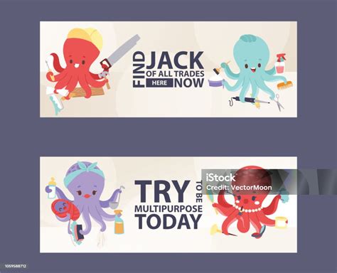 문 어 배너에 대 한 멀티태스킹 문자 벡터 일러스트입니다 Instuments 액세서리 아이 함께 어머니 아름 다운 마스코트 화장품 미용사 빌더 건설업자에 대한 스톡 벡터