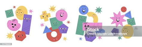 추상 기하학적 문자 구성 귀여운 얼굴을 가진 기본 인물 재미있는 그래픽 이모티콘 현대 유치한 인쇄 포스터 또는 배너 격리된 그림 개체입니다 벡터 만화 낙서 그림 공부에 대한