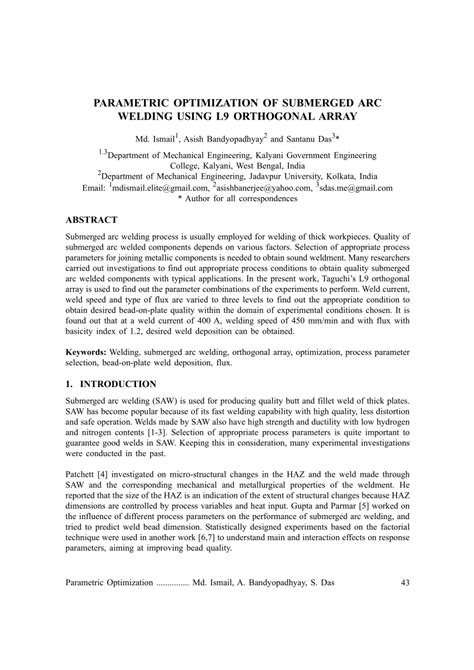Pdf Parametric Optimization Of Submerged Arc Welding Using L9