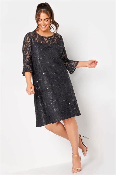 Yours Plus Size Black Lace Sequin Embellished Swing Dress Yours Clothing