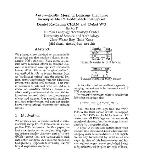 Automatically Merging Lexicons That Have Incompatible Part Of Speech Categories Acl Anthology