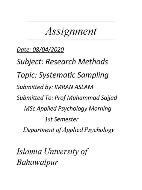 Assignment Subject Research Methods Topic Systematic Sampling Pdf