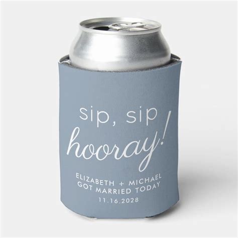 Personalized Wedding Favor Sip Sip Hooray Dusty Blue Can Cooler