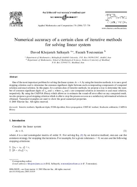 Pdf Numerical Accuracy Of A Certain Class Of Iterative Methods For Solving Linear System