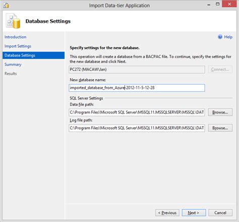import sql azure database on local machine jan v nl
