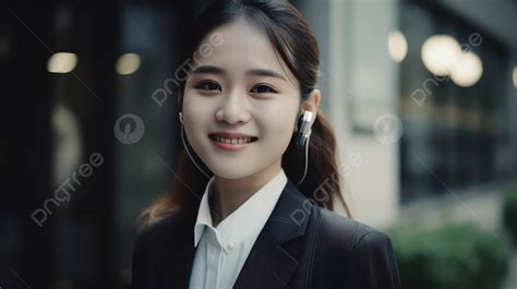비즈니스 복장에 젊은 아시아 젊은이 무선 이어폰을 끼고 카메라를 바라보는 정장 차림의 미소 짓는 젊은 여성 고화질 사진 사진 머리카락 배경 일러스트 및 사진 무료