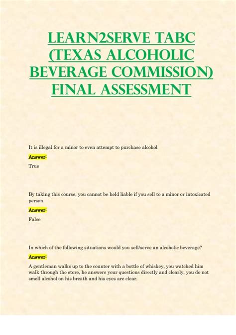 Learn Serve TABC Texas Alcoholic Beverage Commission Final Assessment Exam Correct