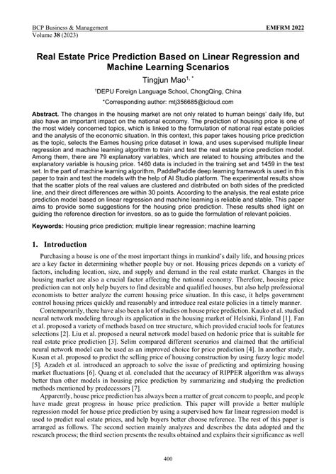 Pdf Real Estate Price Prediction Based On Linear Regression And Machine Learning Scenarios