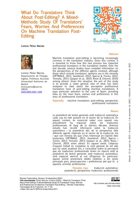 Pdf What Do Translators Think About Post Editing A Mixed Methods