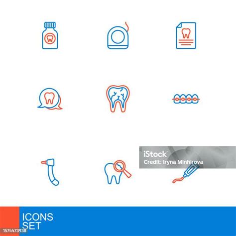 치약 깨진 치아 드릴 교정기가있는 치아 클립 보드 치과 카드 및 치실 아이콘의 라인 튜브를 설정합니다 벡터 건강 진단에 대한 스톡 벡터 아트 및 기타 이미지 Istock