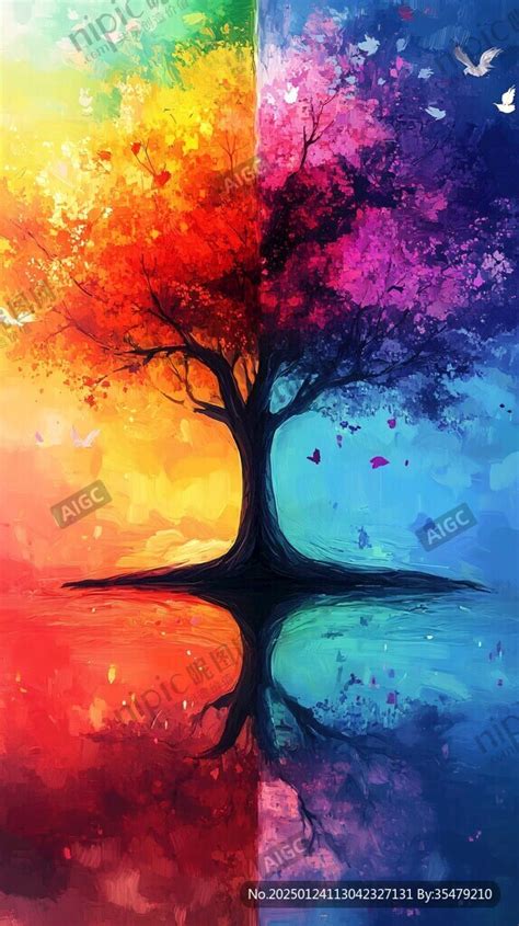 Ai创作图神秘梦幻的大树 彩虹树 梦幻花纹大树 色彩搭配唯美屏幕 唯美樱花树 唯美扁平肌理树 唯美的树形 动漫树装饰画 虹树 意境树背景 唯美