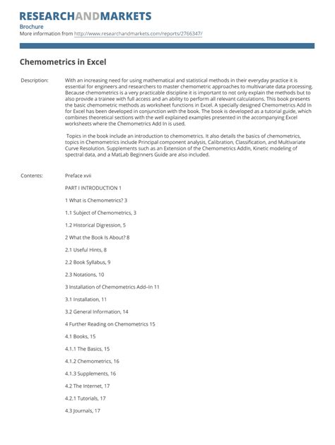 Fillable Online Chemometrics In Excel Research And Markets Fax Email Print Pdffiller