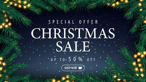 특별 제공 크리스마스 세일 최대 50 할인 푸른 별이 빛나는 하늘 큰 제목과 프레임 Og 크리스마스 나무 가지와 화환과 파란색