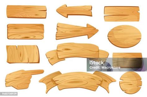 나무 배너는 평면 디자인의 그래픽 요소를 설정합니다 빈 만화 플라크 화살표 가이드 포스트 광고판 방향 표지판 및 포인터 템플릿의