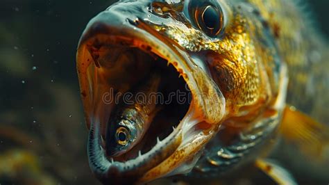 A Large Bass Fish Is Seen With A Smaller Fish Inside Its Mouth Stock