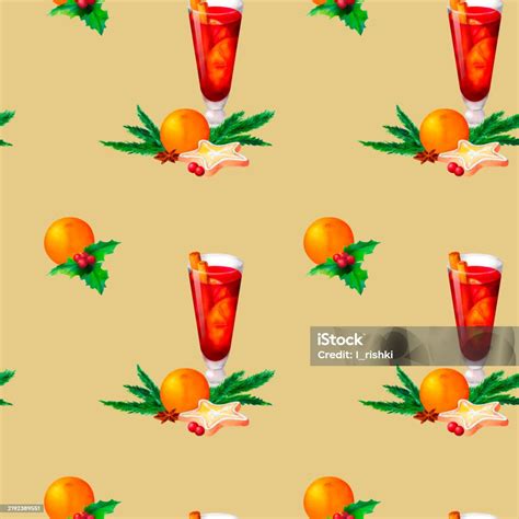 베이지색 배경에 전나무 가지 오렌지 Mulled 와인 쿠키 호랑가시나무 잎과 함께 크리스마스 디자인 계절 포장지 장식 및 겨울 프로젝트에 적합한 수채화 이음매 없는