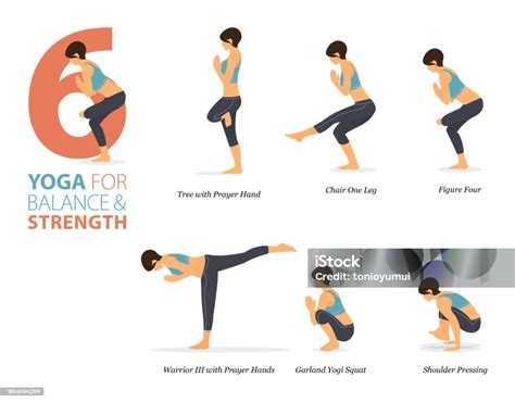 6 균형과 근력 개념의 운동을 위한 요가 자세 또는 아사나 자세 바디 스트레칭을 위해 운동하는 여성 피트니스 인포그래픽 평면 만화 벡터입니다 6에 대한 스톡 벡터 아트 및