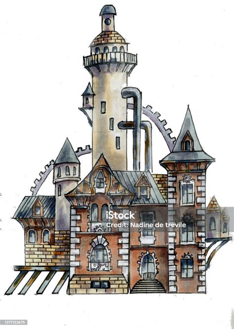 스팀펑크 아키텍처 등대와 금속 기어가있는 집 손으로 그린 수채화 스케치 흰색 배경 위에 격리 0명에 대한 스톡 벡터 아트 및 기타 이미지 Istock