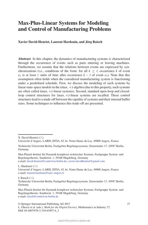 Pdf Max Plus Linear Systems For Modeling And Control Of Manufacturing Problems