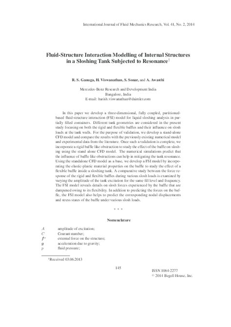 Pdf Fluid Structure Interaction Modelling Of Internal Structures In A Sloshing Tank Subjected