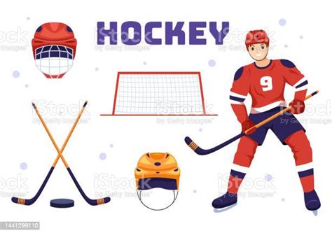아이스 하키 선수 스포츠 헬멧 스틱 퍽 및 스케이트를 얼음 표면에 게임 또는 챔피언십 평면 만화 손으로 그린 템플릿 그림 아이스