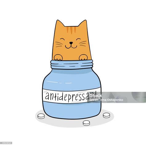 고양이 항우울제 알약 병에 앉아 재미있는 만화 고양이 손으로 그린 벡터 그림 포스터 티셔츠 엽서에 적합합니다 건강관리와 의술에 대한 스톡 벡터 아트 및 기타 이미지 Istock
