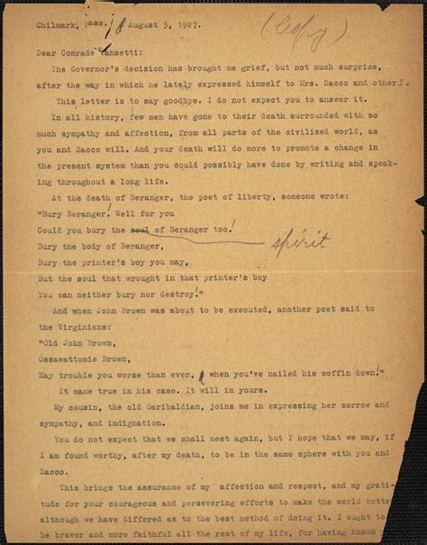 Alice Stone Blackwell Typed Letter Copy To Bartolomeo Vanzetti