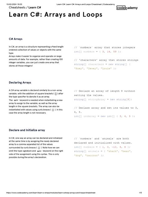 Learn C Learn C Arrays And Loops Cheatsheet Codecademy Pdf C Sharp Programming