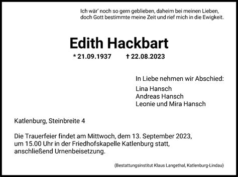 Traueranzeigen Von Edith Hackbart Trauerhnade