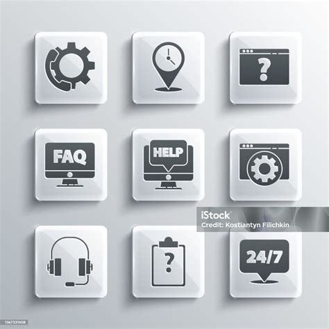 물음표 시계 24 시간 브라우저 설정 컴퓨터 모니터 및 도움말 헤드폰 Faq 전화 지원 및 아이콘으로 클립 보드를 설정합니다 벡터 24에 대한 스톡 벡터 아트 및 기타