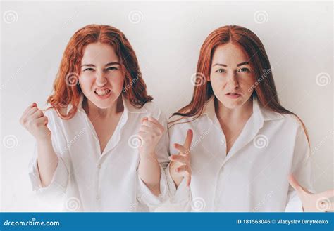 Two Young Women Got Angry And Shout At The Camera They Feel Rage Aggression Anger Two Red