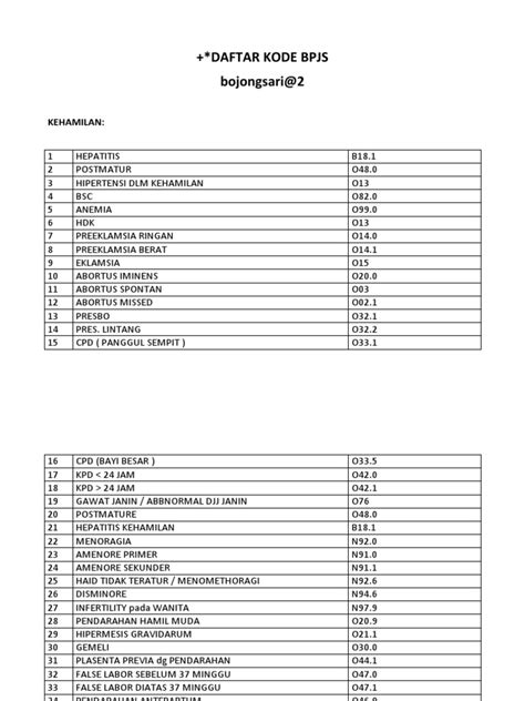 Daftar Kode Bpjs Bojongsari 2 Kehamilan Pdf