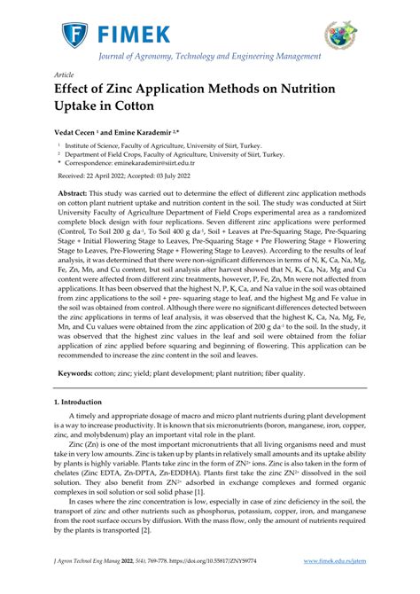 Pdf Effect Of Zinc Application Methods On Nutrition Uptake In Cotton