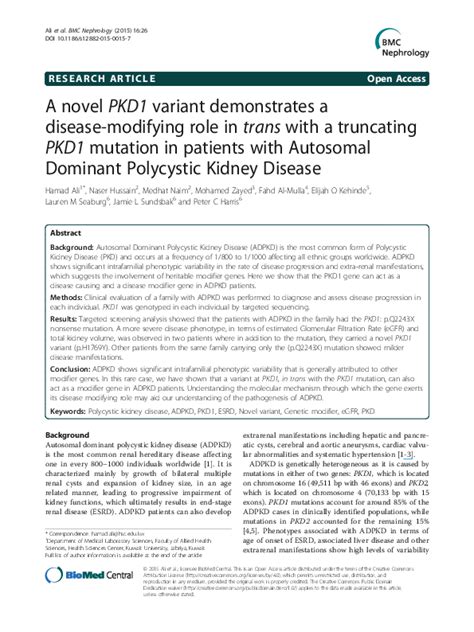 Pdf A Novel Pkd1 Variant Demonstrates A Disease Modifying Role In
