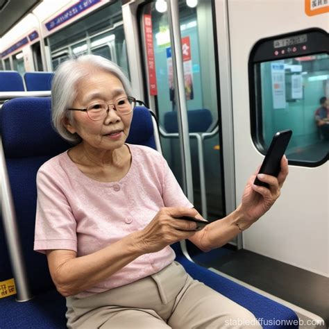 Elderly Singaporean Woman On Mrt With Smartphone Stable Diffusion Online