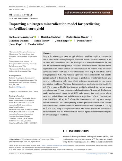 Pdf Improving A Nitrogen Mineralization Model For Predicting Unfertilized Corn Yield