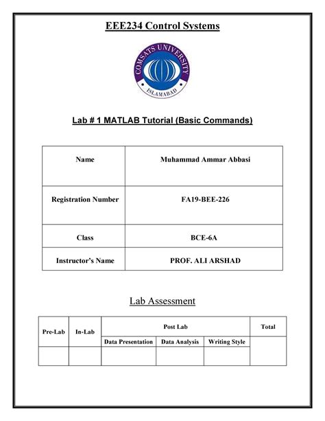 Cs Lab 1 The First Lab Report For Control Systems Eee234 Control Systems Lab 1 Matlab