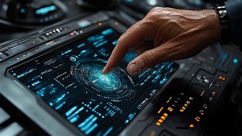 hand interacting with a futuristic touchscreen interface displaying
