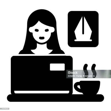 Laptot와 커피 한 잔 솔리드 아이콘 작업 개념 흰색 배경에 건축가 벡터 기호 글리프 스타일 아이콘 모바일 개념 웹 디자인에 작업 하는 여성 디자이너 벡터 그래픽 가구에