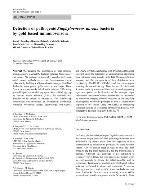Pdf Detection Of Pathogenic Staphylococcus Aureus Bacteria By Gold Based Immunosensors