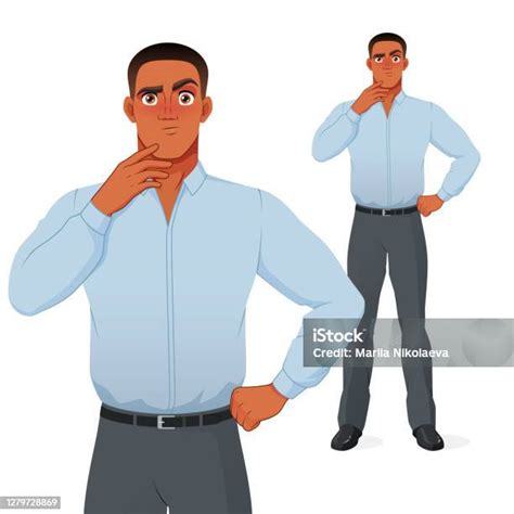 턱에 손으로 생각하는 당황 한 흑인 사업가 벡터 만화 캐릭터 사색에 대한 스톡 벡터 아트 및 기타 이미지 사색 남자 벡터 Istock